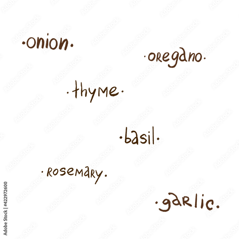 Hand lettering names of herbs and spices Mediterranean cuisine isolate ...