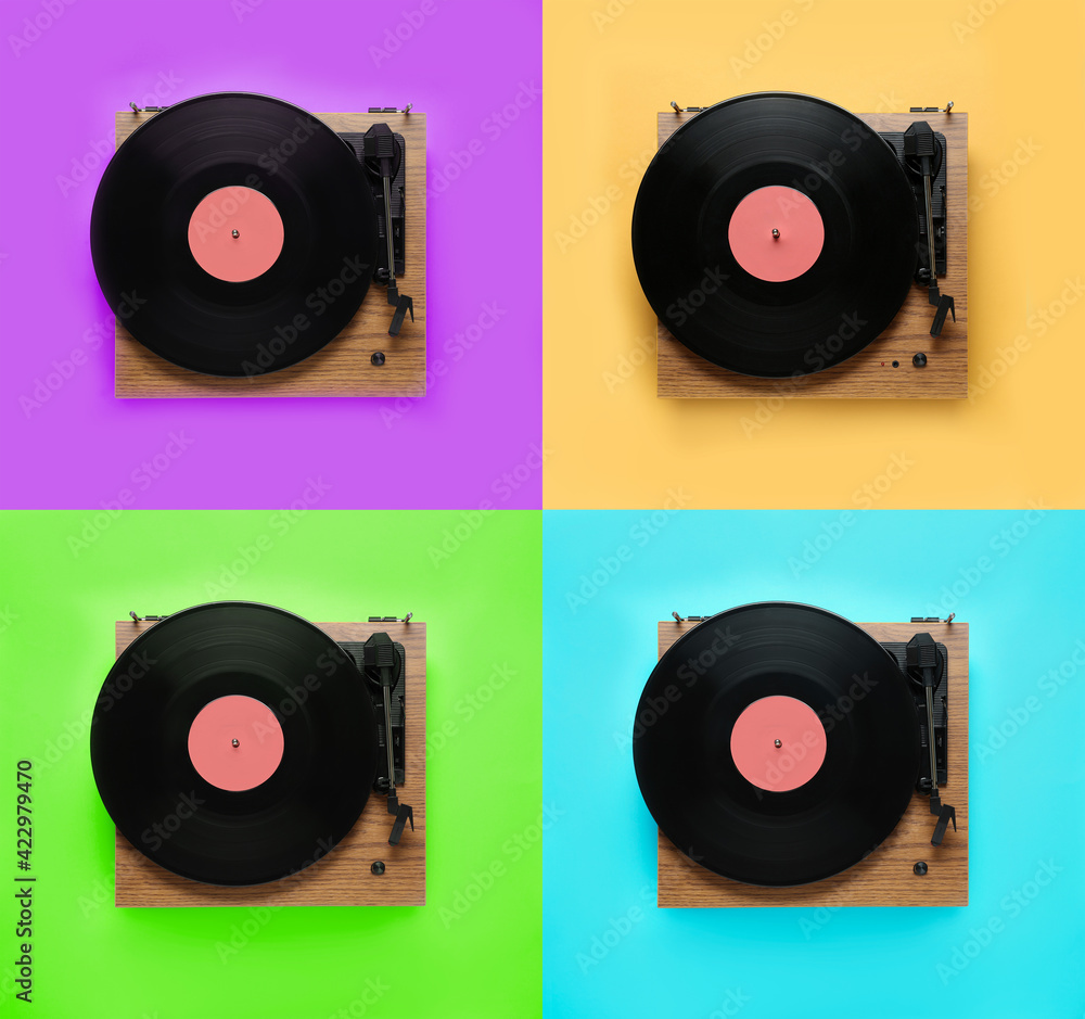 Collage of turntables with vinyl records on different color backgrounds ...