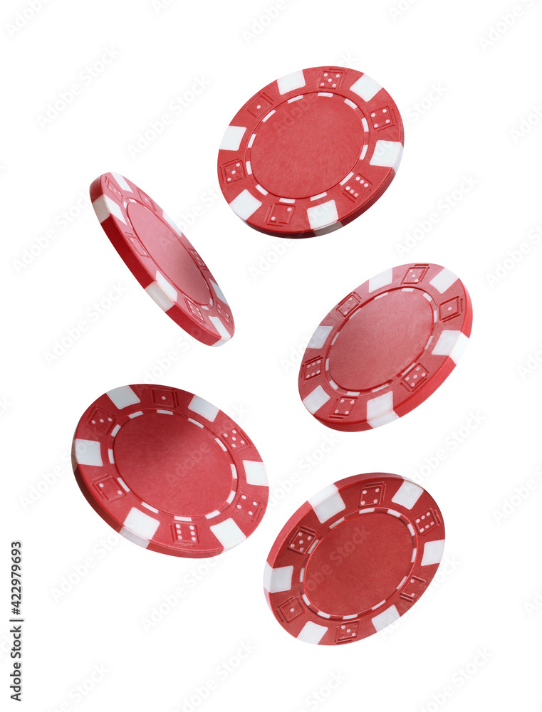 Red casino chips falling on white background Stock Photo | Adobe Stock