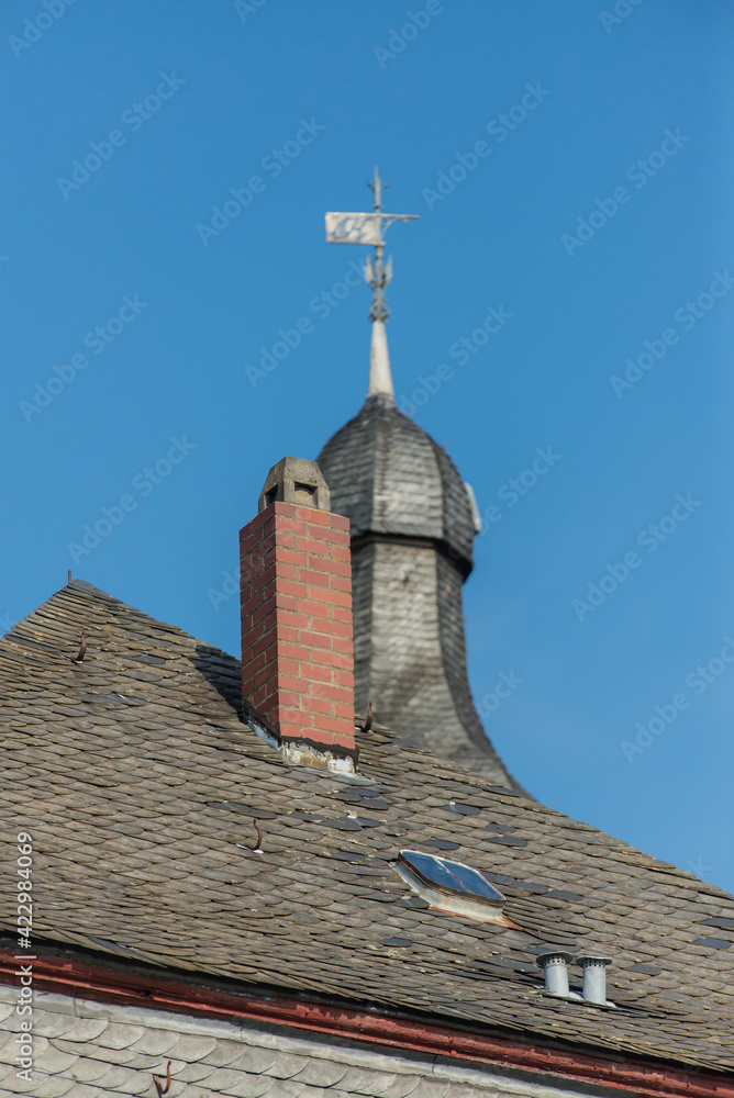 Schornstein vor altm Schieferdachstuhl Stock Photo | Adobe Stock