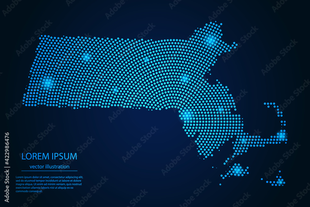 Abstract image Massachusetts map from point blue and glowing stars on a ...