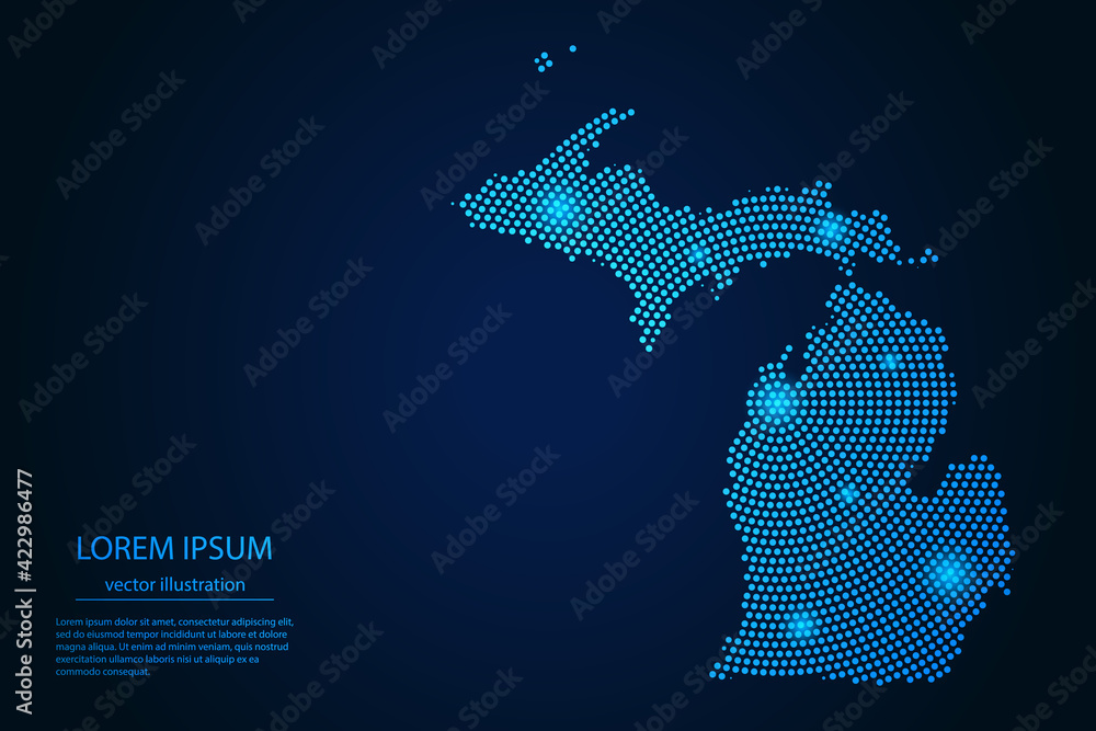 Abstract image Michigan map from point blue and glowing stars on a dark ...