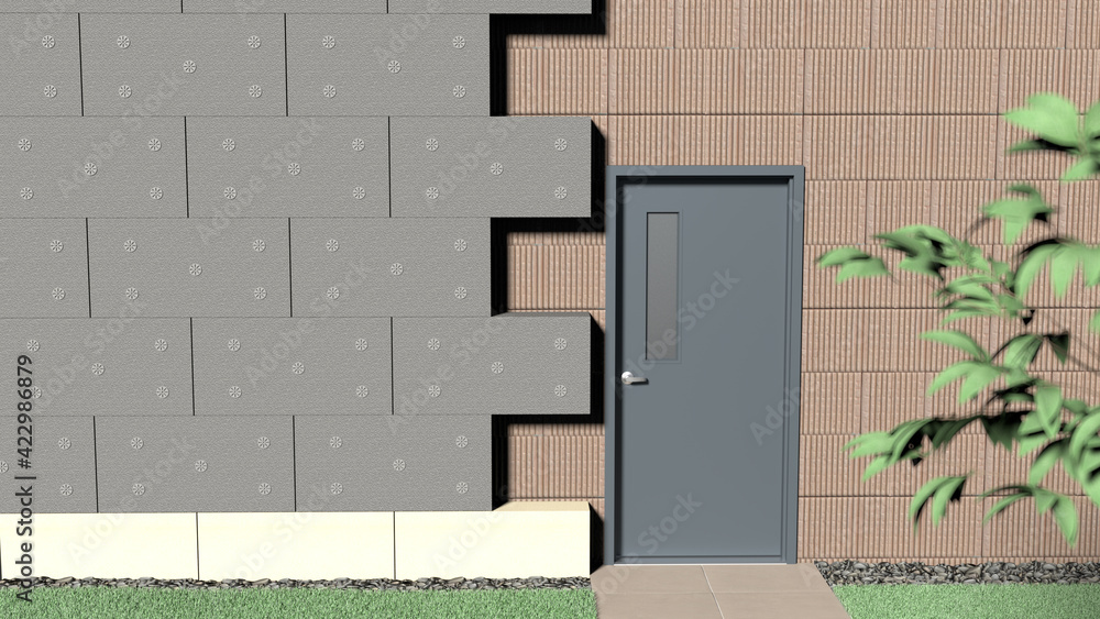 Fassadendämmung an der Mauerwand neben einer Tür, Fassadenplatten mit ...