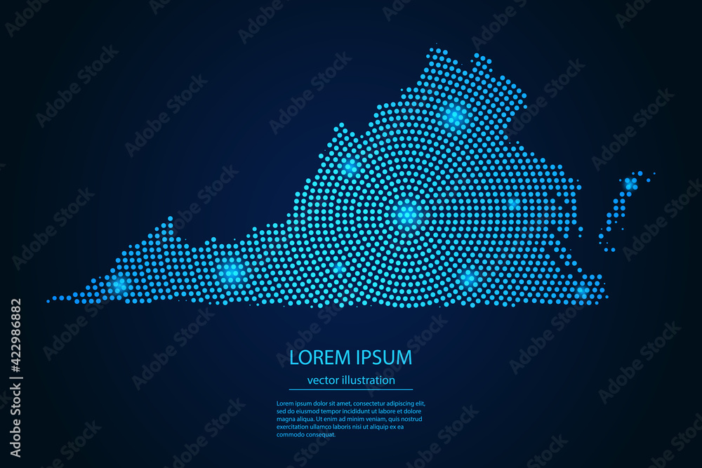 Abstract image Virginia map from point blue and glowing stars on a dark ...