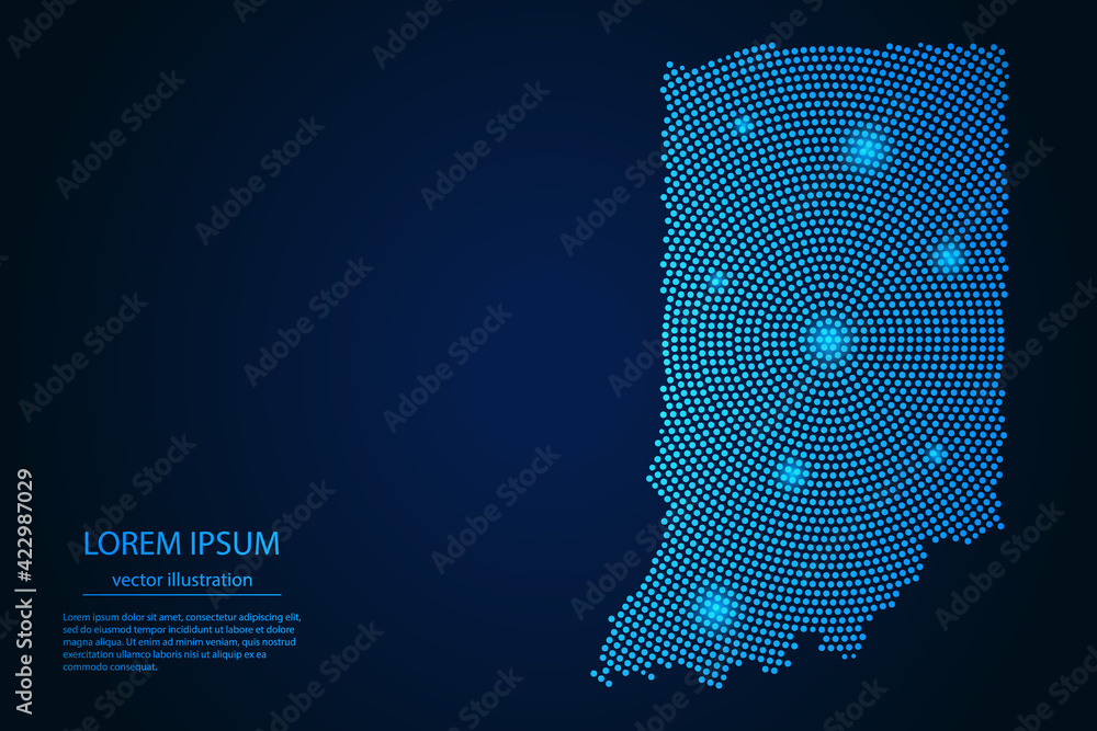 Abstract image Indiana map from point blue and glowing stars on a dark ...