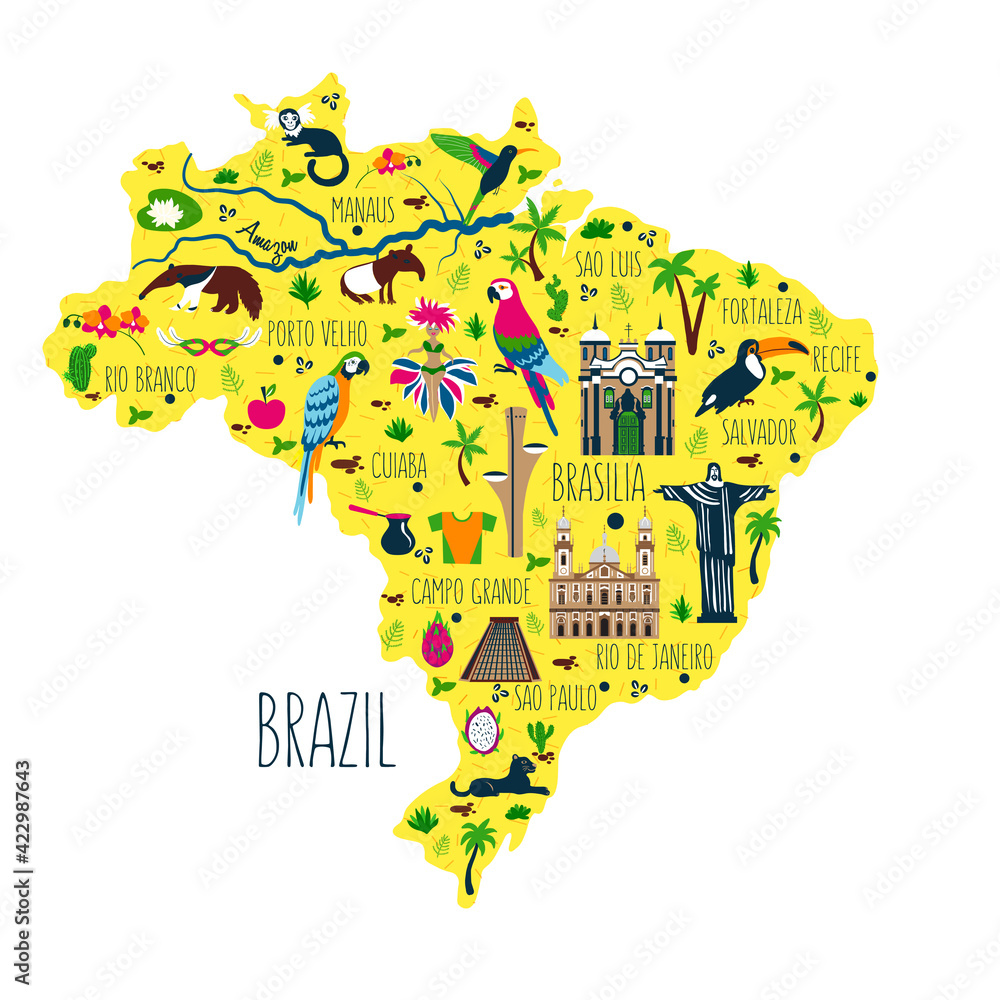Brazil illustrated flat map vector, South America geographic cartoon ...