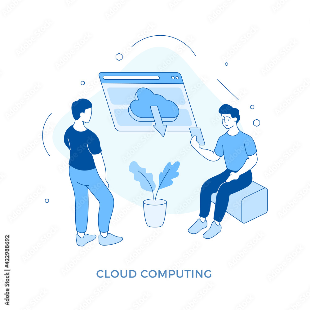Linear flat Cloud computing concept. Male cartoon characters using ...