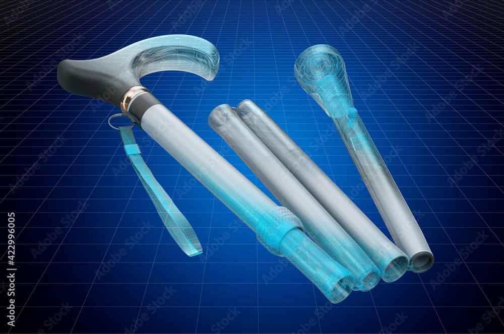 Visualization 3d cad model of folding cane, blueprint. 3D rendering ...