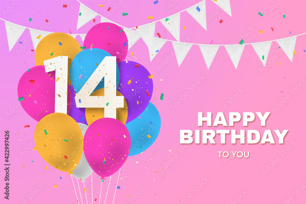 Happy 14th birthday balloons greeting card background. 14 years ...