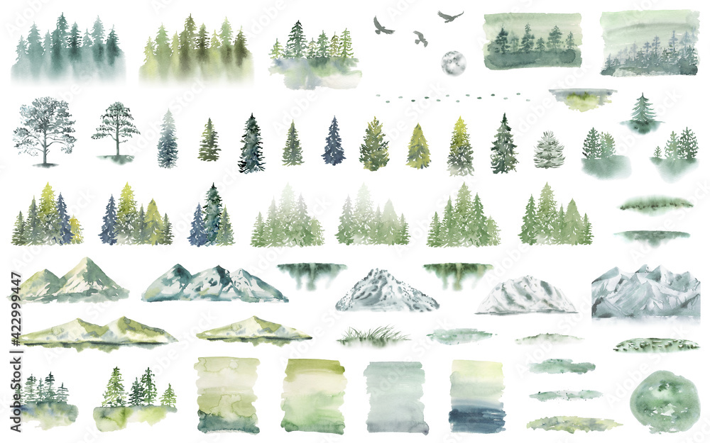 Watercolor Forest tree illustration. Mountain landscape. Woodland pine ...