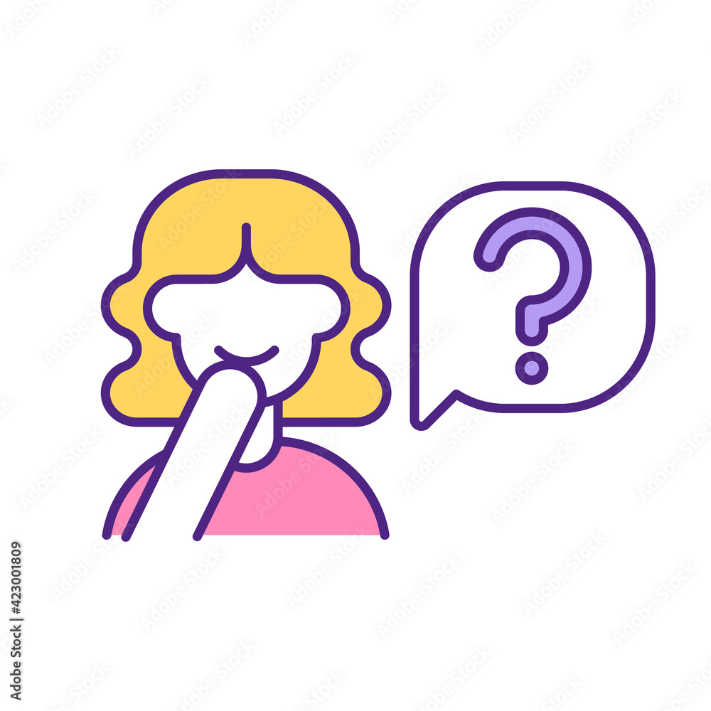 Tricky young blonde woman RGB color icon. Asking or having questions ...