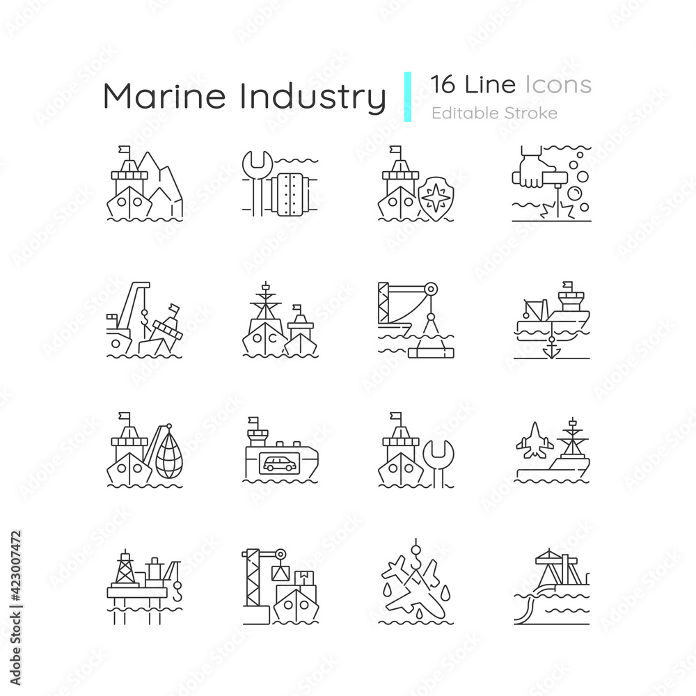 Marine industry linear icons set. Arctic exploration. Underwater ...