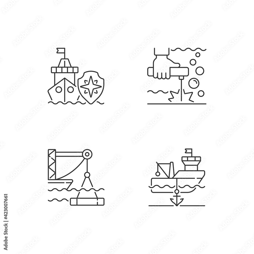 Maritime industry linear icons set. Search and rescue provision ...