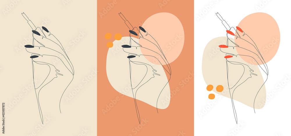 Elegant female hands with manicure one line drawing.Nail polish.Trendy ...