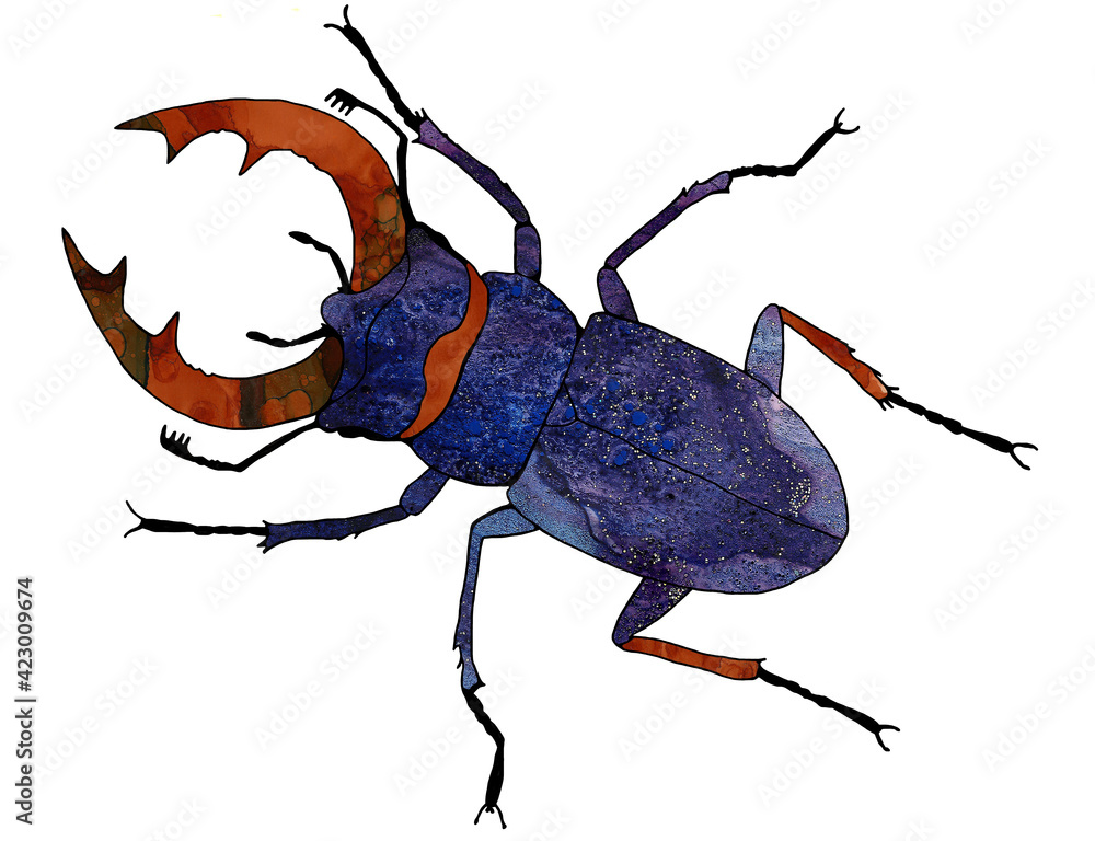Stag beetle. Stag beetle with red, large antlers. Big, blue, purple bug ...