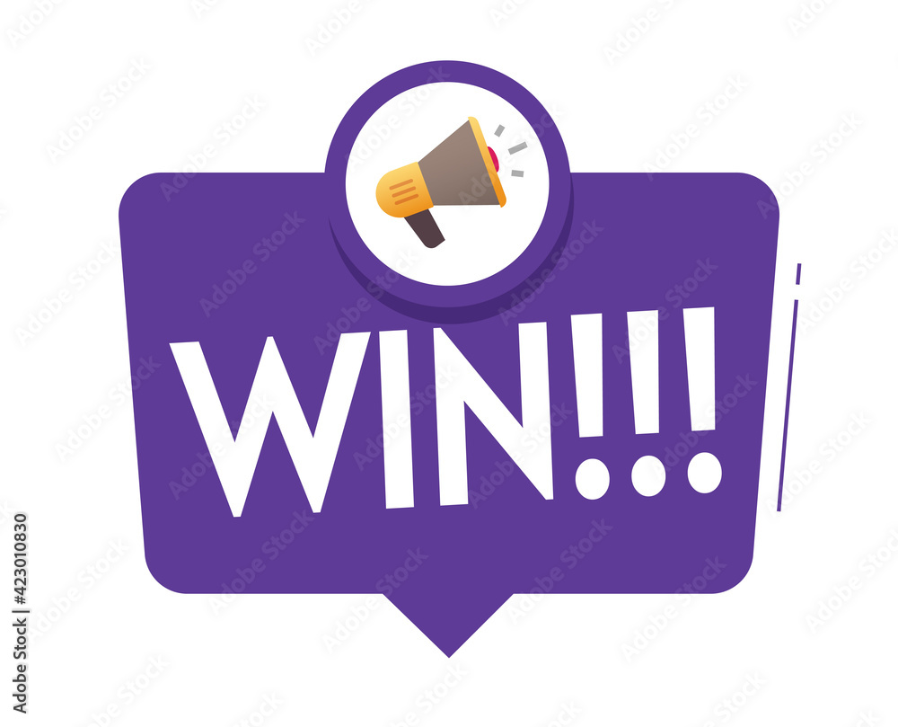 Win text banner notice in bubble speech announcement vector flat ...