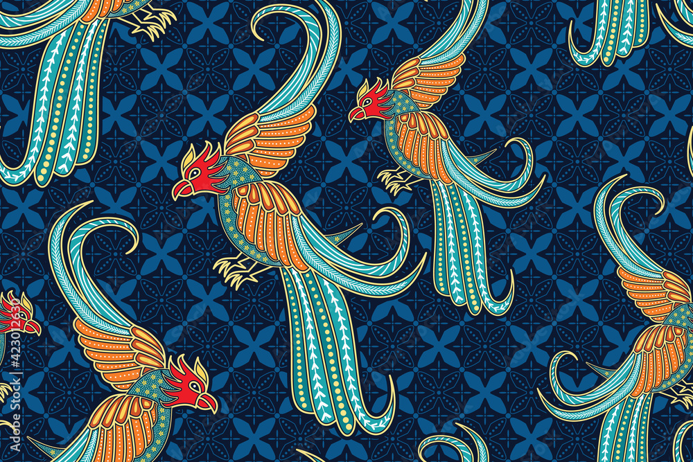 Seamless pattern with phoenix vector Illustration, Indonesian batik ...