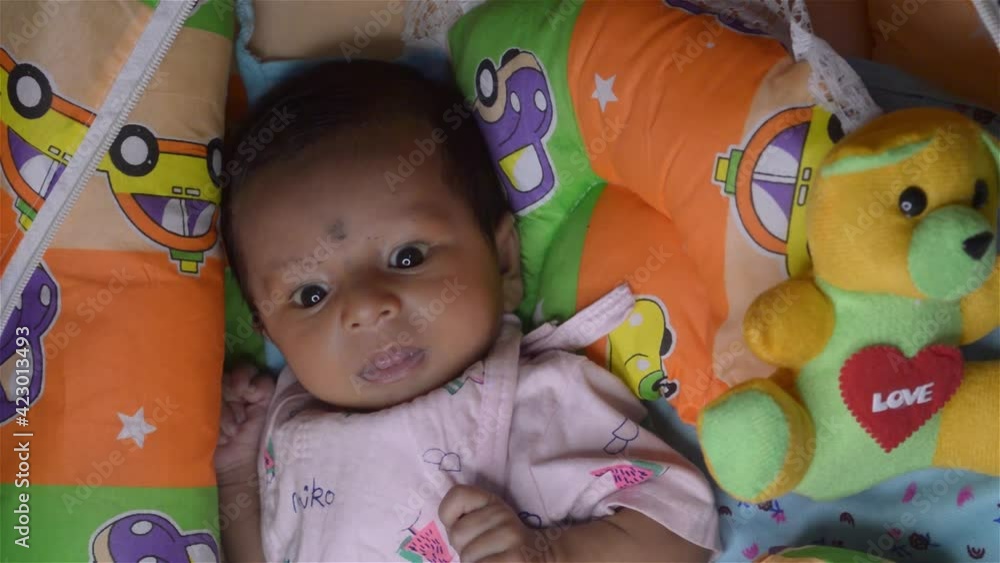 Video Stock Newborn Baby yawning after waking up. Close up portrait of ...