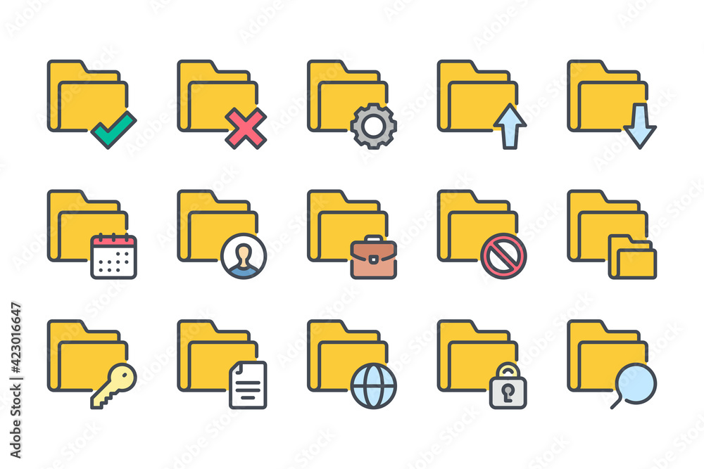 Folder and file management color line icon set. Archive settings linear ...
