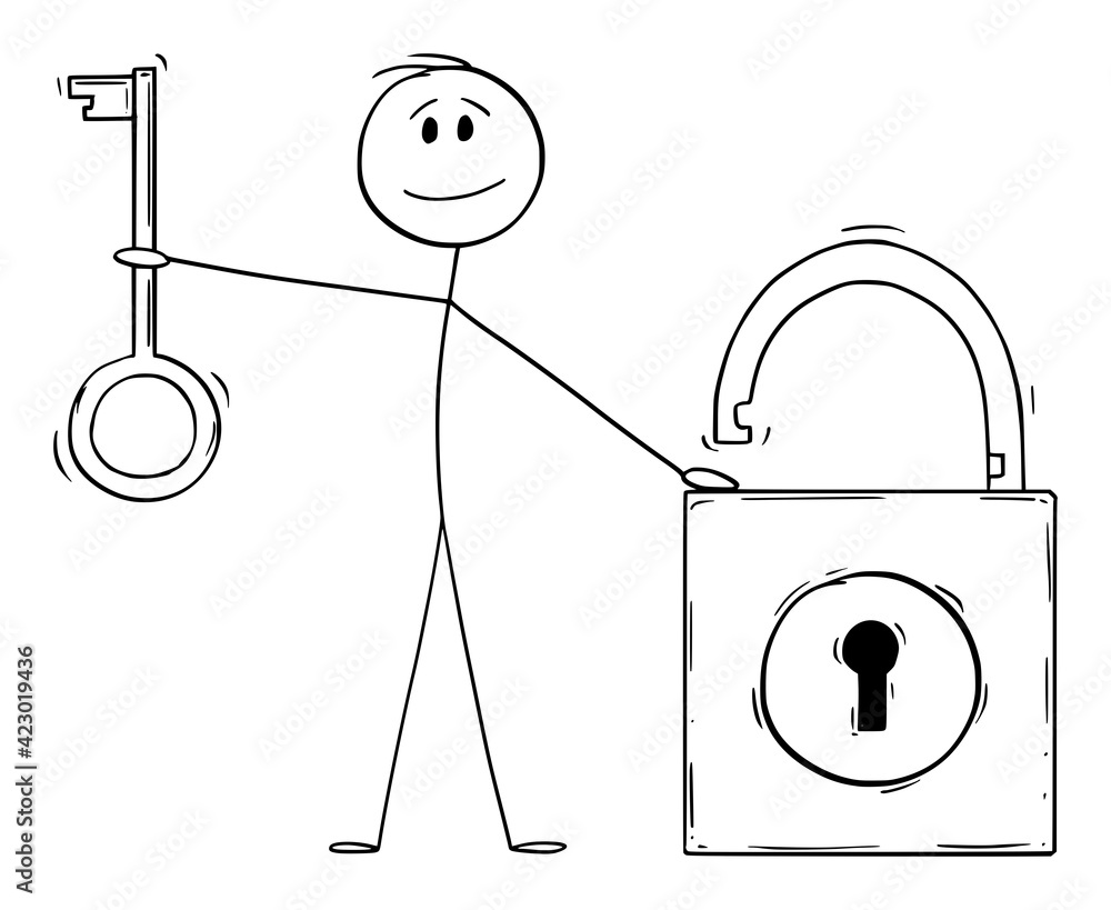 Man Holding Key and Lock, Security Concept, Vector Cartoon Stick Figure ...