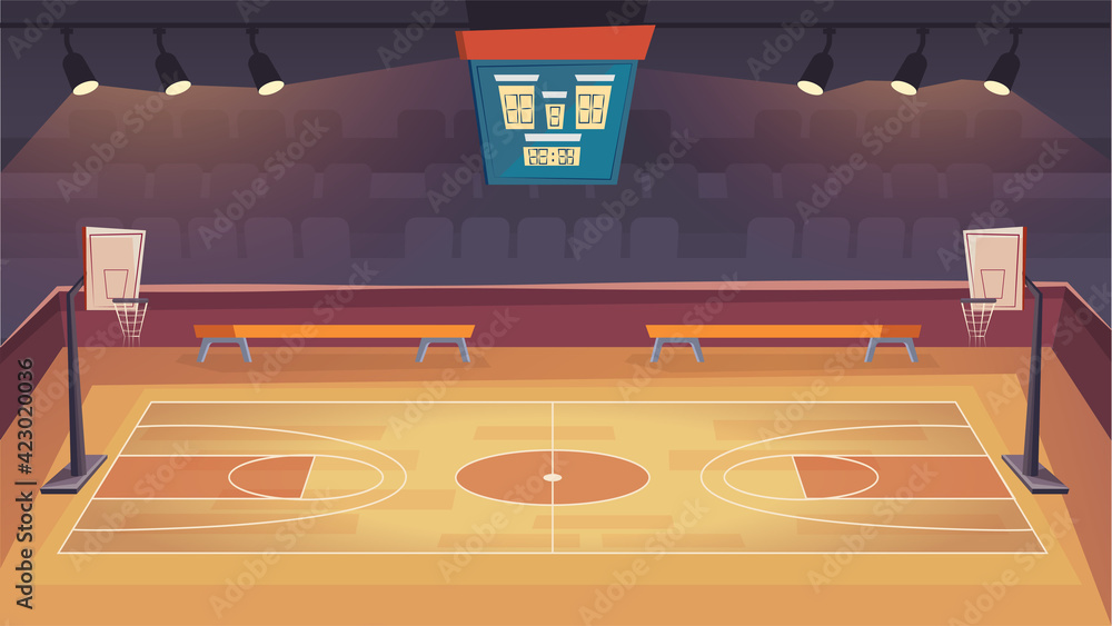 Basketball court landing page in flat cartoon style. Modern indoor ...