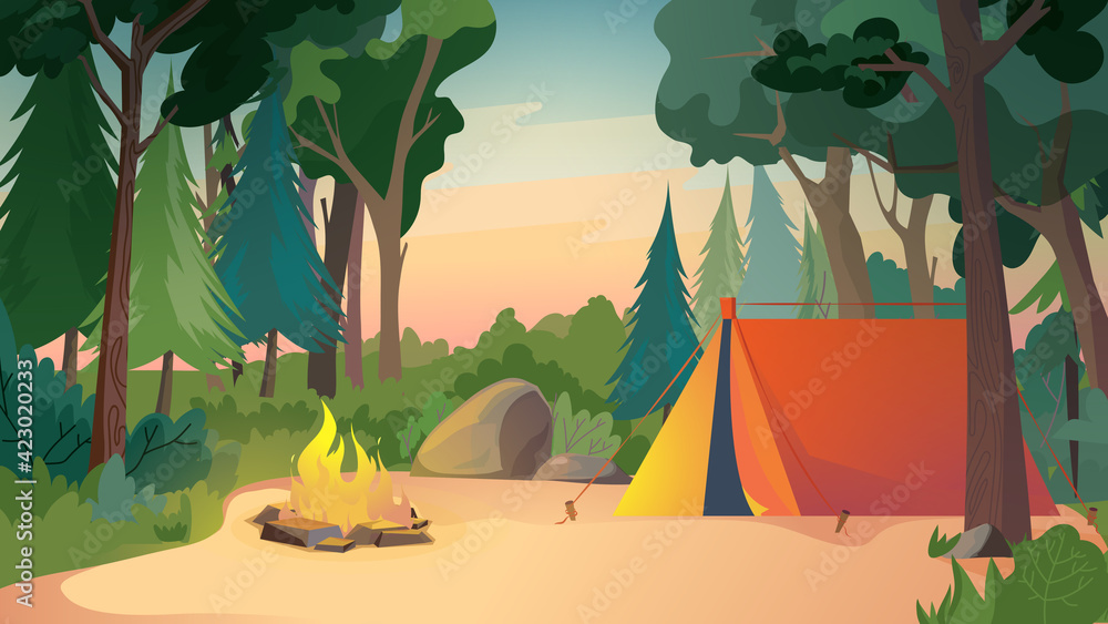 Camping on meadow, landing page in flat cartoon style. Tent at forest ...