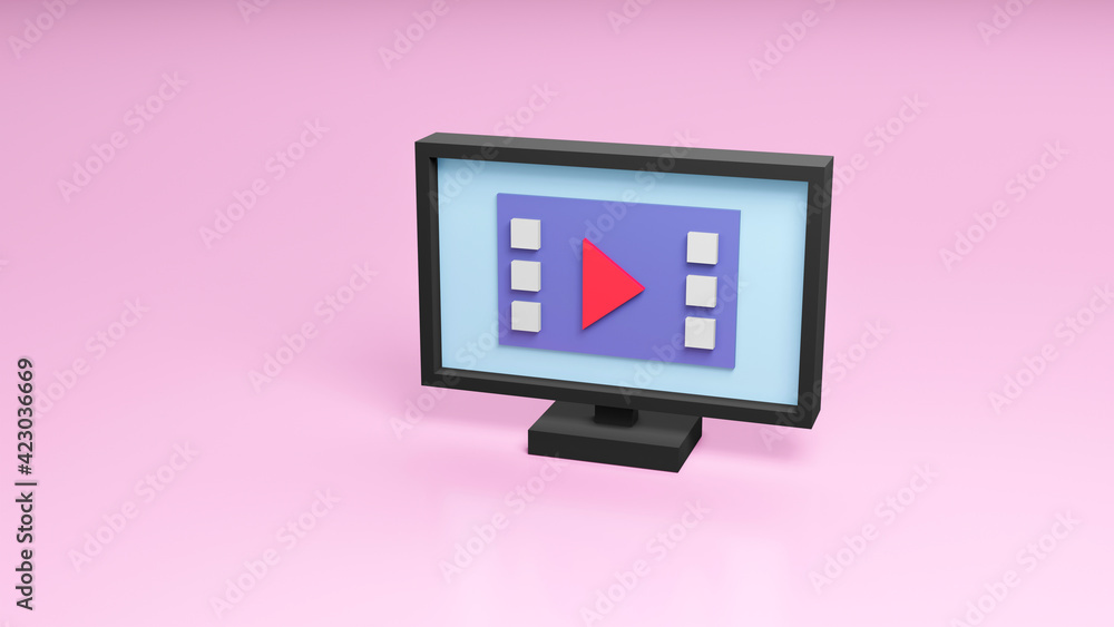 Cartoon illustration of streaming video logo on the monitor. 3d ...