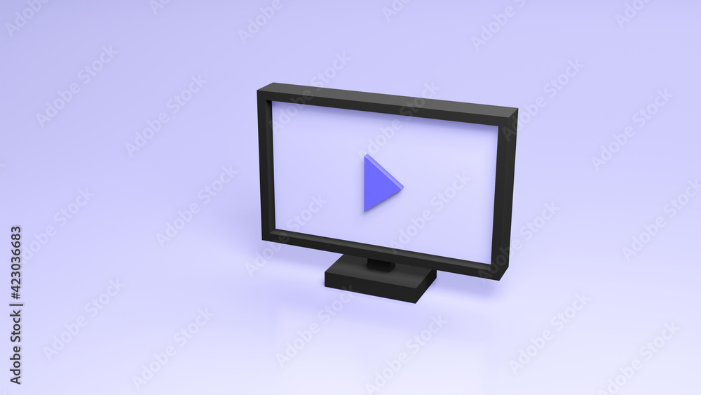 Cartoon illustration of streaming video logo on the monitor. 3d ...