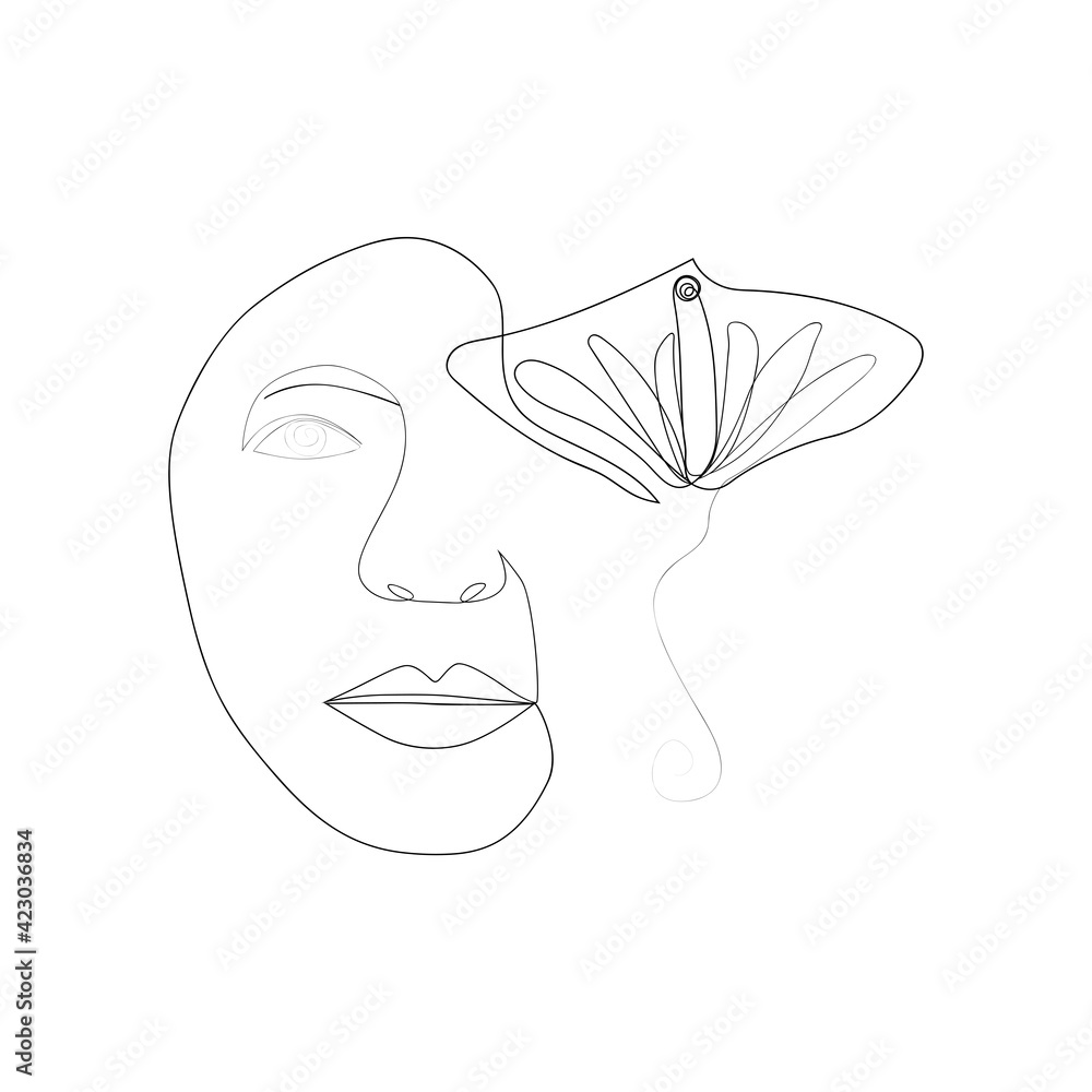 Woman face with flowers one line drawing. Half of the face is a flower ...