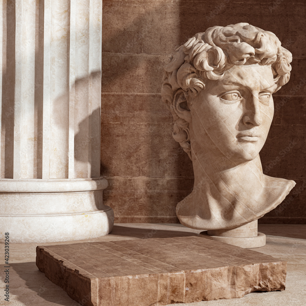 Antique statue Product display background with podium. David bust ...