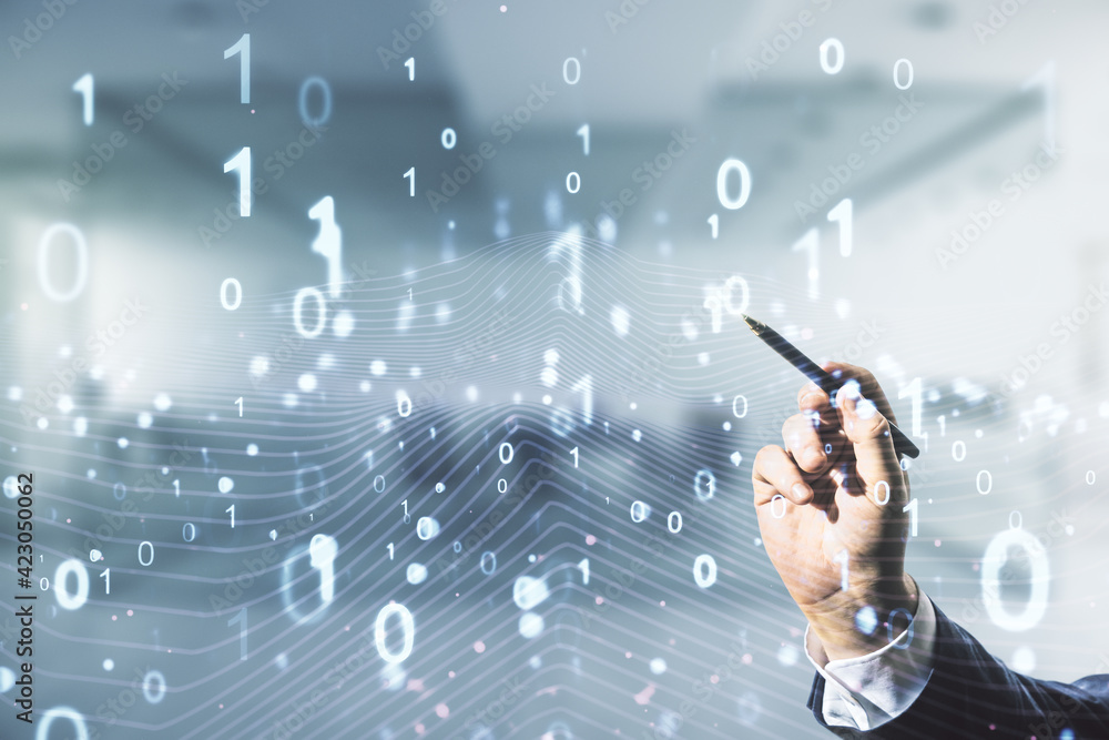 Man hand with pen working with abstract virtual binary code hologram on ...