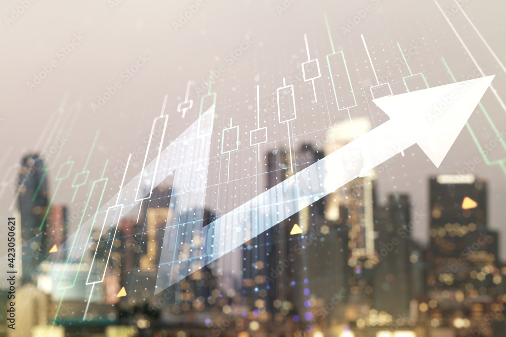 Abstract creative financial diagram and upward arrow hologram on blurry ...