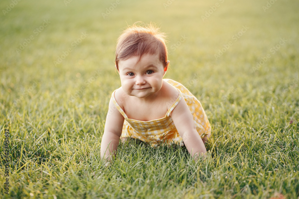 Cute baby girl crawling on ground in park outdoor. Adorable child ...