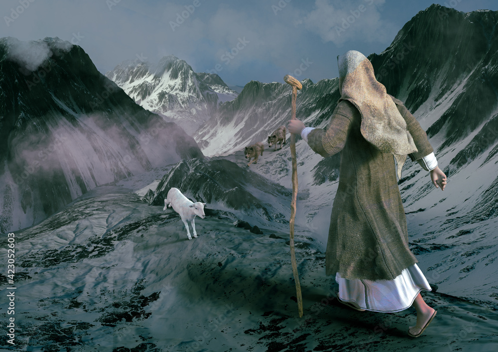 Jesus parable about the runaway sheep. 3d illustration, 3d rendering ...