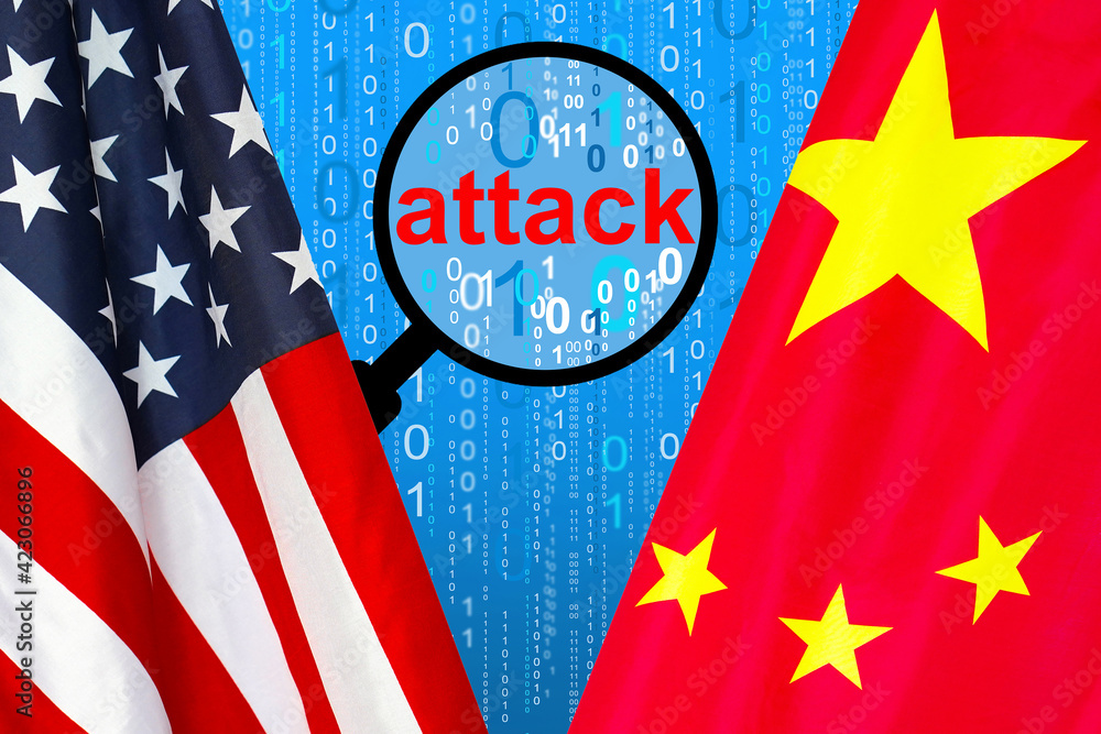 Flag of USA and China flag against the background of a binary code with ...