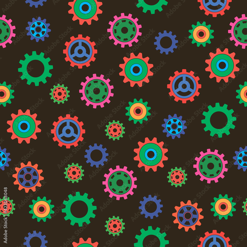 Colored gears seamless pattern. Vector drawing of factory gear wheels ...