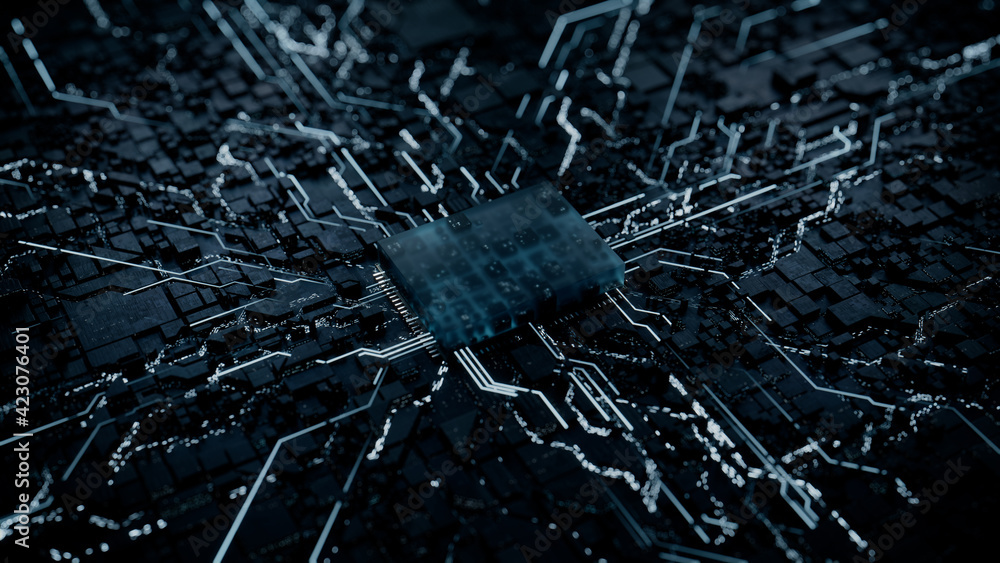 Advanced Technology Concept with Microchip. White Neon Data flows from ...