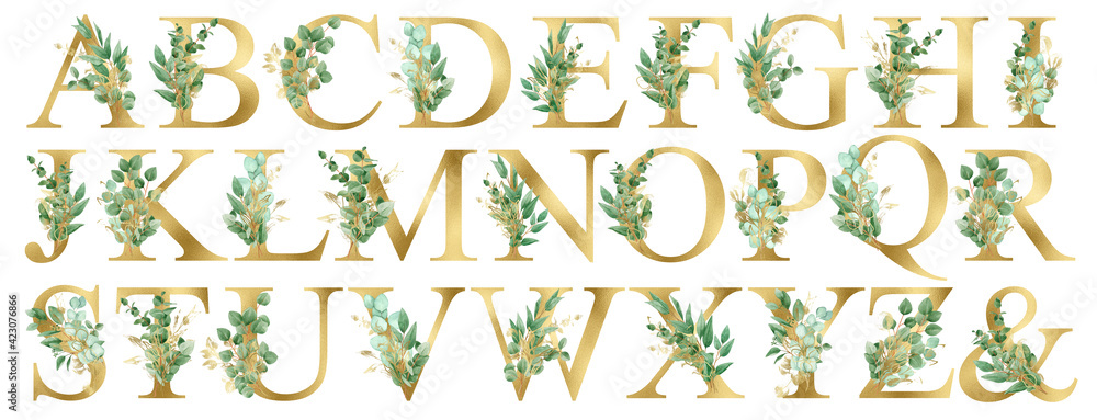 Watercolor Gold Floral Alphabet Set Collection with green and gold ...