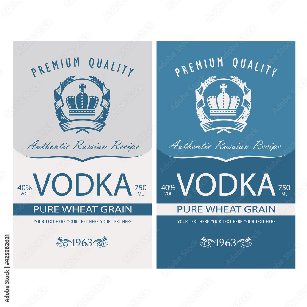 collection of vodka labels with royal crown and ears of wheat in retro ...