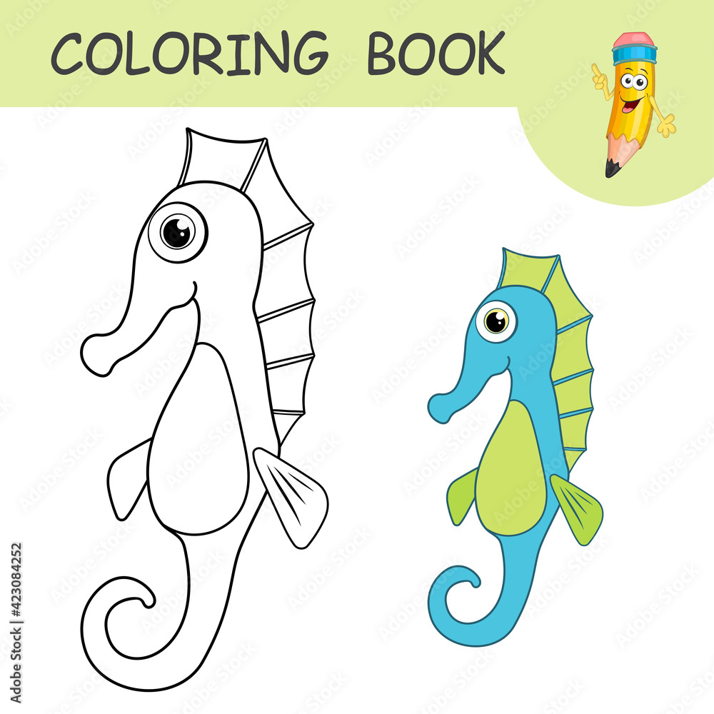 Coloring book with funny Sea Horse. Colorless and color samples ocean ...