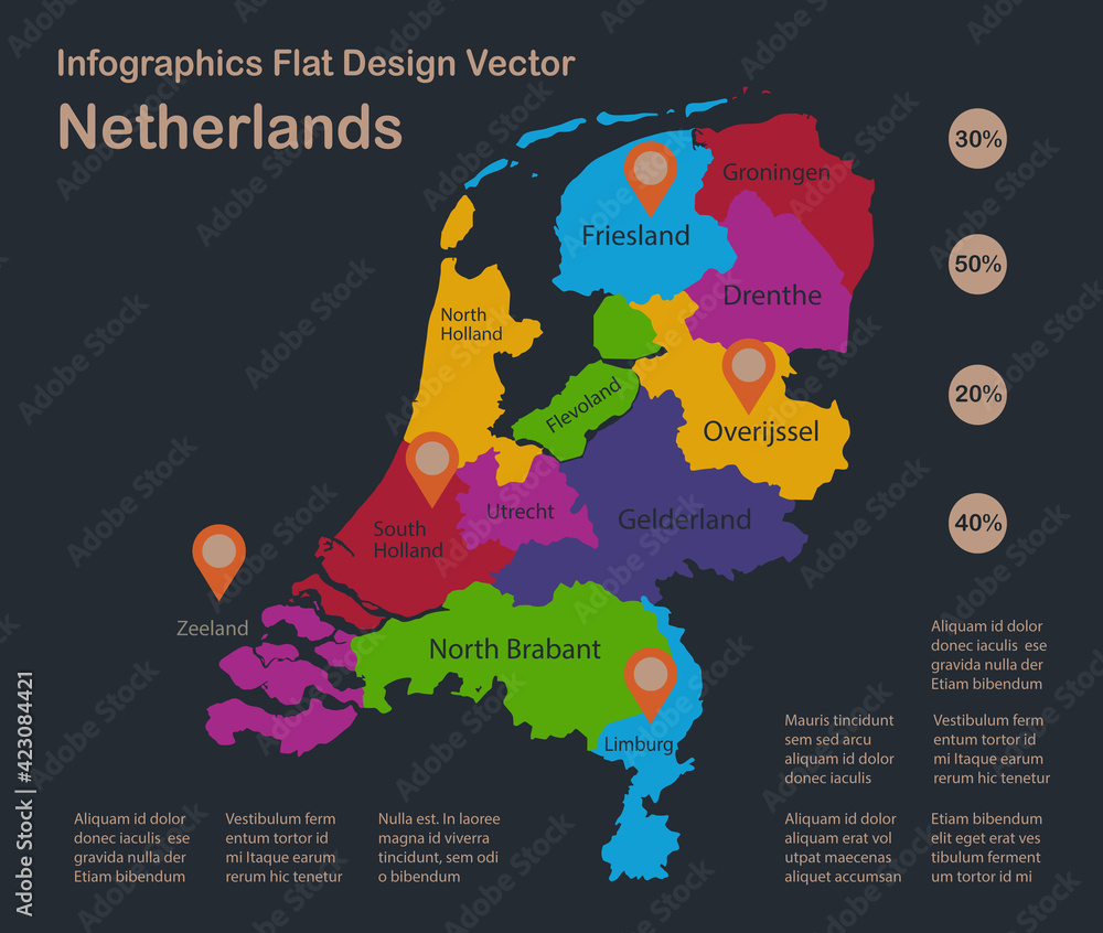 Infographics Netherlands map, flat design colors, with names of ...