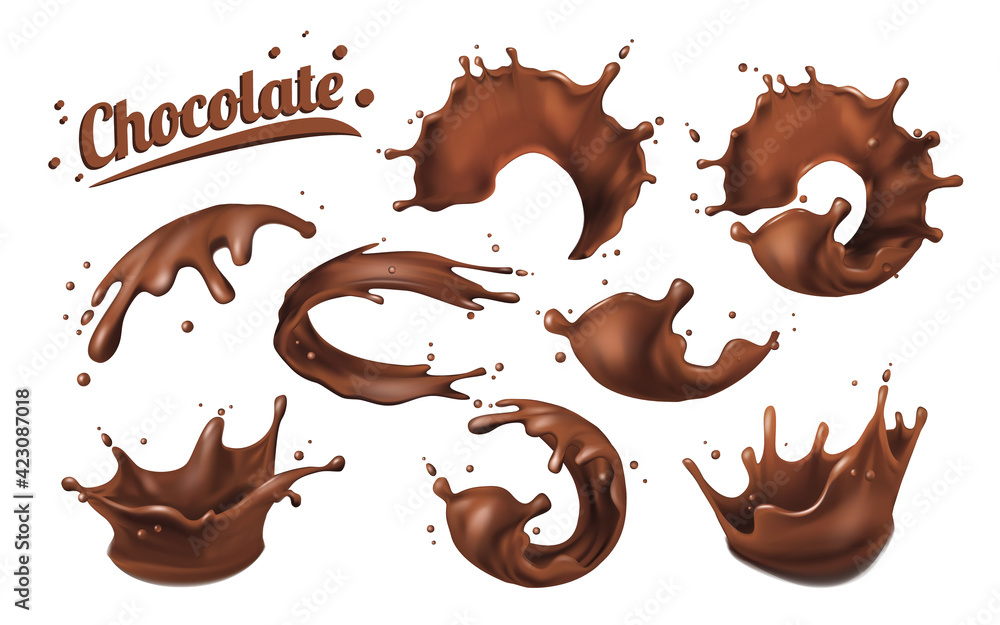 Set of splashes of chocolate. spots 3D.Abstract realistic chocolate ...