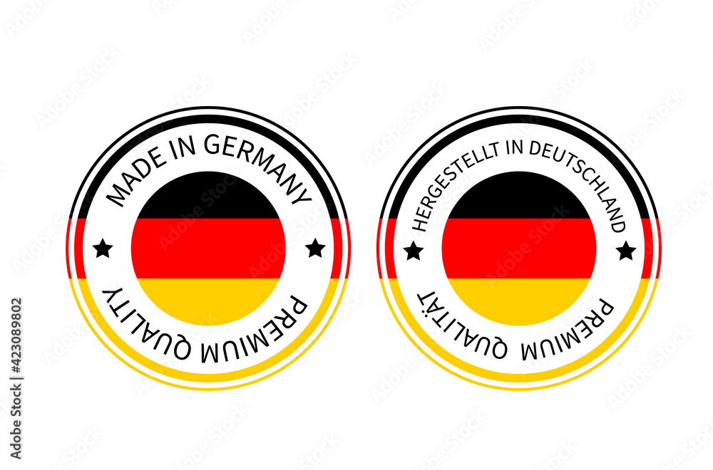 Made in Germany round labels in English and in German languages ...