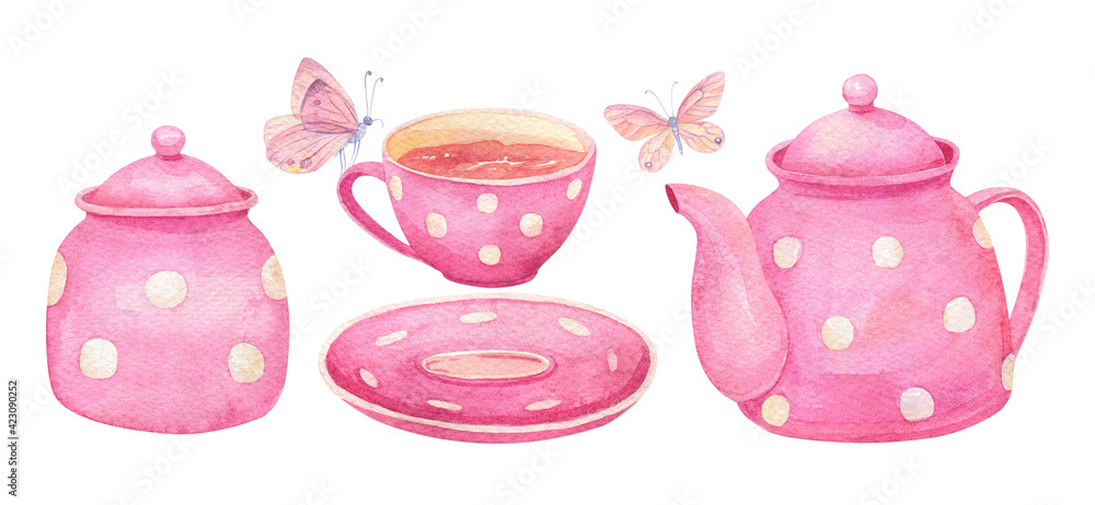 Watercolor pink tea set. Polka dot teapot, cup, sugar bowl Stock ...
