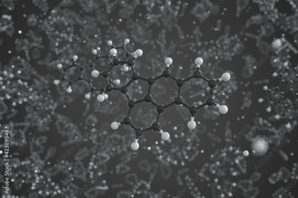 Molecule of benzo(e)fluoranthene, ball-and-stick molecular model ...