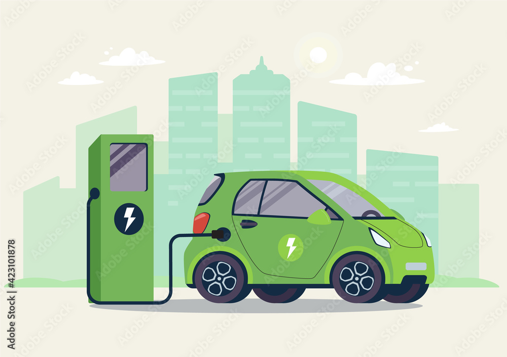 Battery EV vehicle plugged and getting electricity from renewable power ...