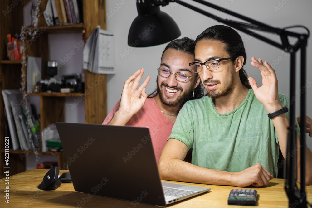 young long-haired twin brothers on a computer video call, freelance ...