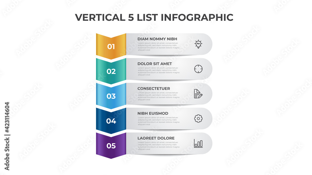 Vertical list diagram with 5 points of steps, infographic element ...