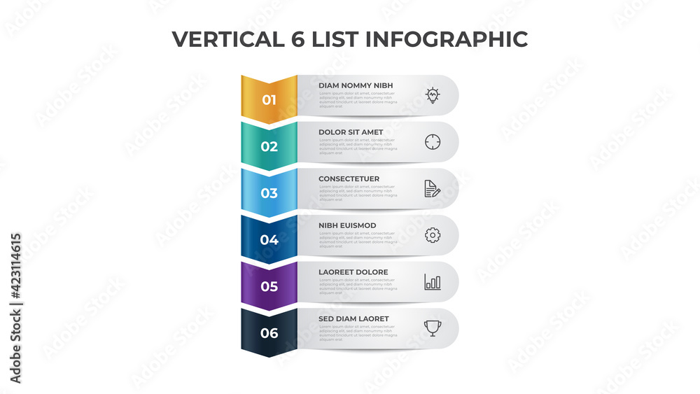 Vertical list diagram with 6 points of steps, infographic element ...