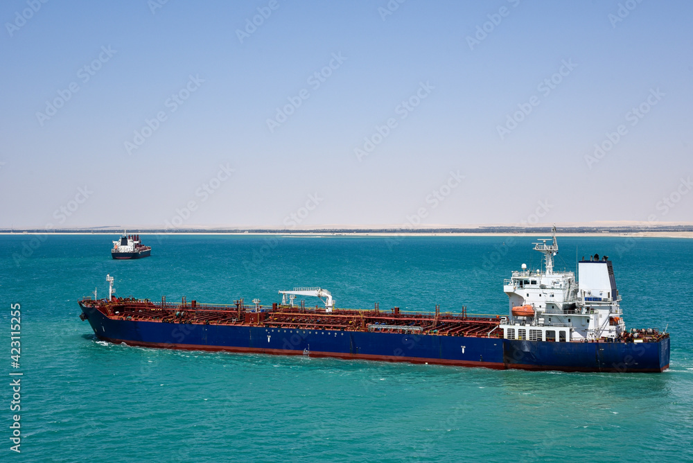 Tanker ship transiting Suez Canal, she is on her way from Red Sea to ...